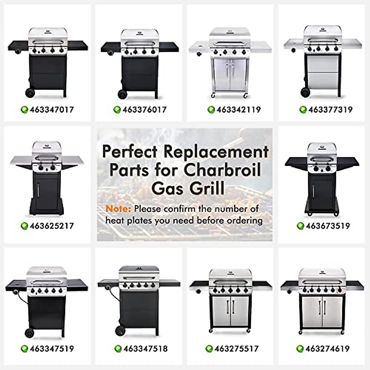 Yiming Grill Replacement Parts for Charbroil Performance 5 Burner 463347519, Charbroil 463347017, 463335517, 463276517, 463244819 Grill Models, Heat Plates, Burners, Carryover Tubes Replacement.
