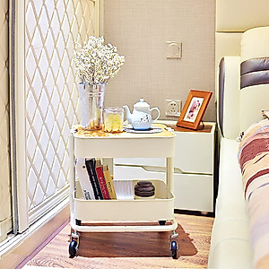 2-Tier Metal Utility Rolling Cart Storage Side End Table with Cover Board for Office Home Kitchen Organization, Cream White