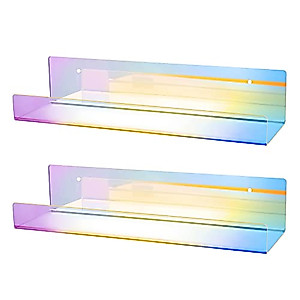 NatldGs 2 Pcs Iridescent Acrylic Floating Shelves, 15.7Inch Rainbow Acrylic Shelves/Bookshelf for Bedroom, Bathroom or Living Room Decor (Wall Mounted)…