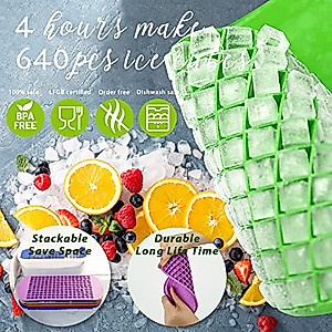 Mini Ice Cube Trays Silicone With Bin for Freezer, 4 Pack 640 Chewy Small Ice 6PCS Set, Tiny Crushed Ice Maker Molds for Chilling Coffee Juice Cocktail Whisky Boba, With Storage Box & Ice Scoop