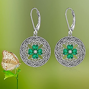 St Patricks Day Shamrock Earrings for Women Sterling Silver Green Celtic Knot Four Leaf Clover Irish Dangle Drop Earrings Crystal Vintage Black Circle Leverback Valentines Day Gift