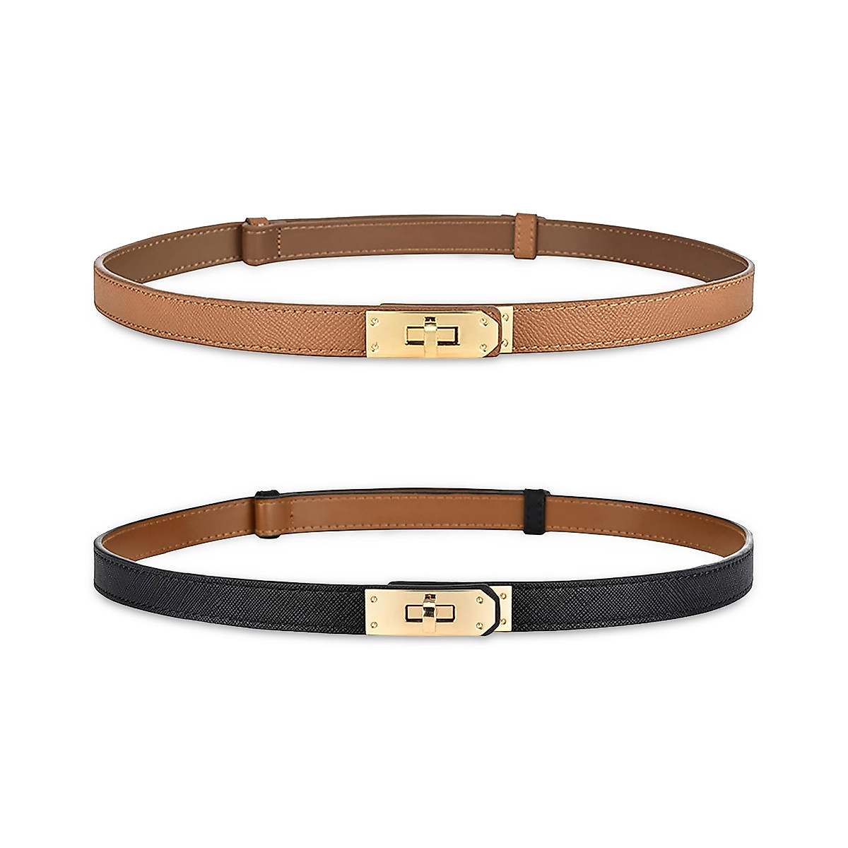 ANHAISHUILV Women's Skinny Leather Belt with Adjustable Golden Turn-Lock Buckle - Ideal for Dresses, Jeans, and Coats