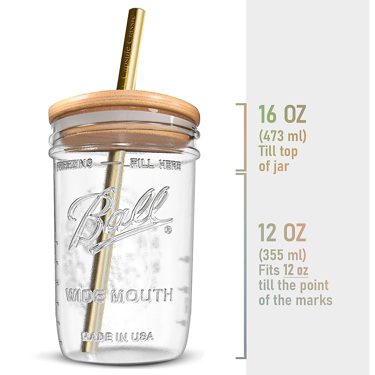 Reusable Boba Bubble Tea & Smoothie Cups - 2 Glass Wide Mouth 16oz Mason Jars with Bamboo Lids - 2 Reusable Gold Stainless Steel Boba Straws