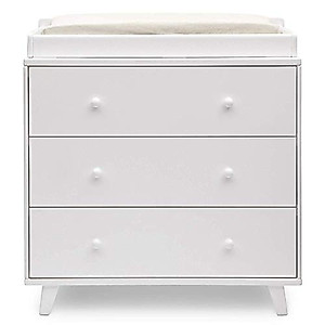 Delta Children Ava 3 Drawer Dresser with Changing Top, White and Contoured Changing Pad, White