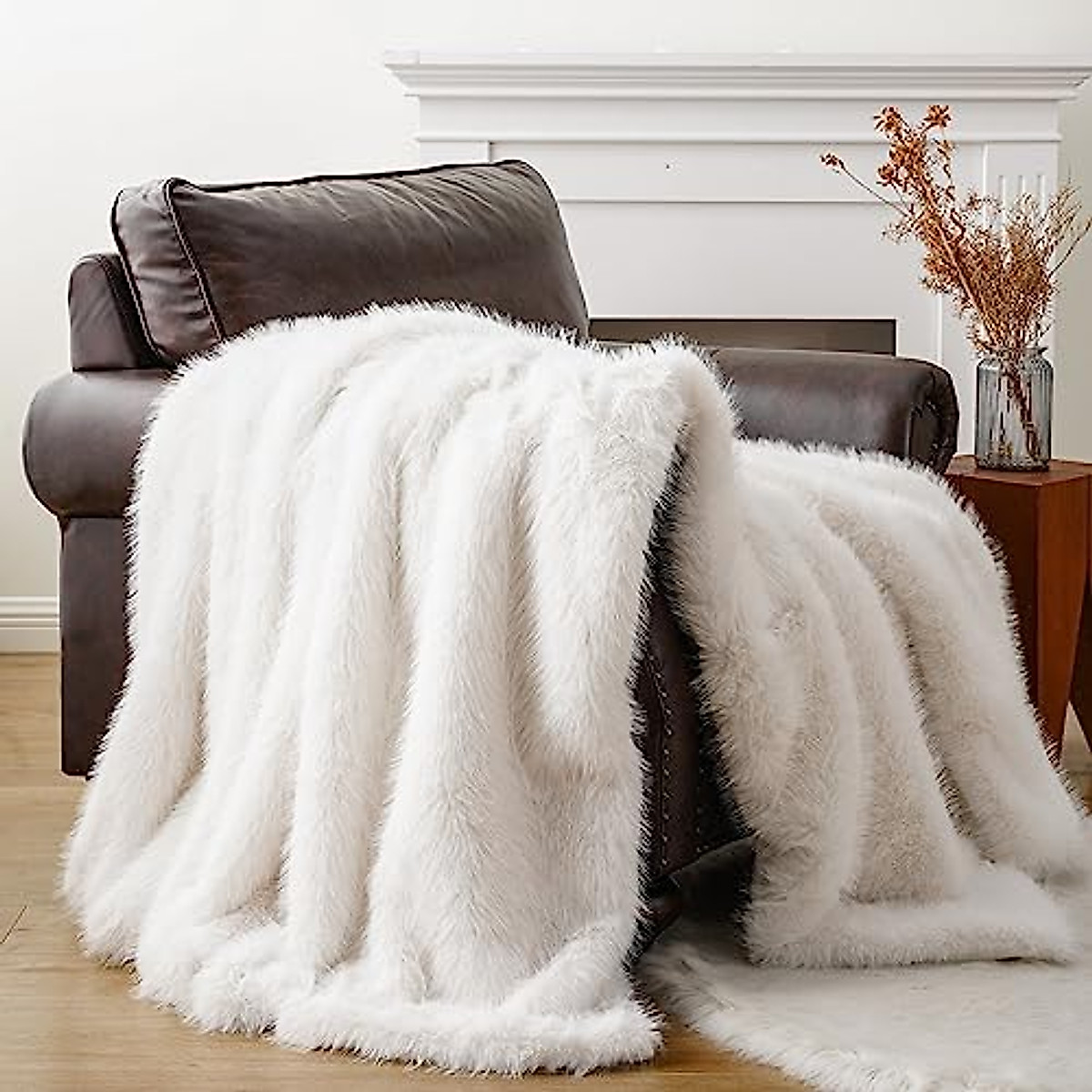 BATTILO HOME Luxury White Fluffy Faux Fur Throw Blanket, Large Fur Blankets and Throws for Couch, Bed, Super Soft Cozy Warm Plush Fuzzy Fur Throws with Long Pile, 60"x80" (Ivory)