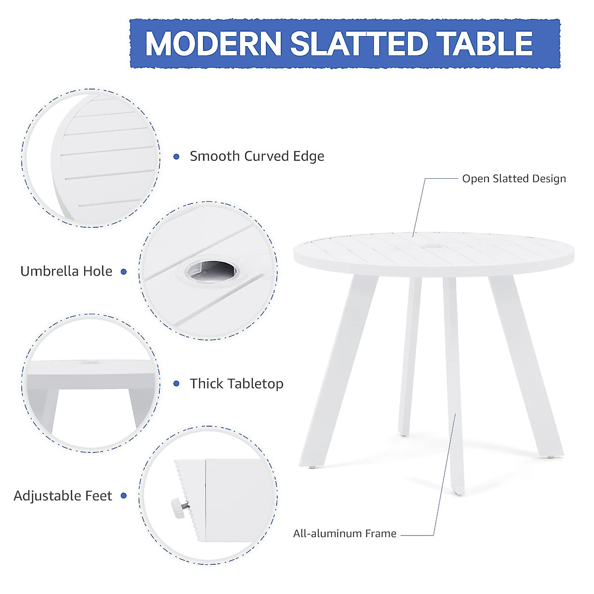 Soleil Jardin 5 Piece Outdoor Dining Set, Aluminum Patio Furniture Dining Set with Round Dining Table w/Umbrella Hole and 4 Stackable Chairs w/Cushions for Yard, Garden, Porch and Pool, White