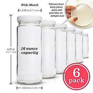 All About Juicing Clear Glass Water Bottles Set - 6 Pack Wide Mouth with Lids for Juice, Smoothies, Beverage Storage - 16 oz, Durable, Reusable, Dishwasher Safe, Leak Proof (White Caps)