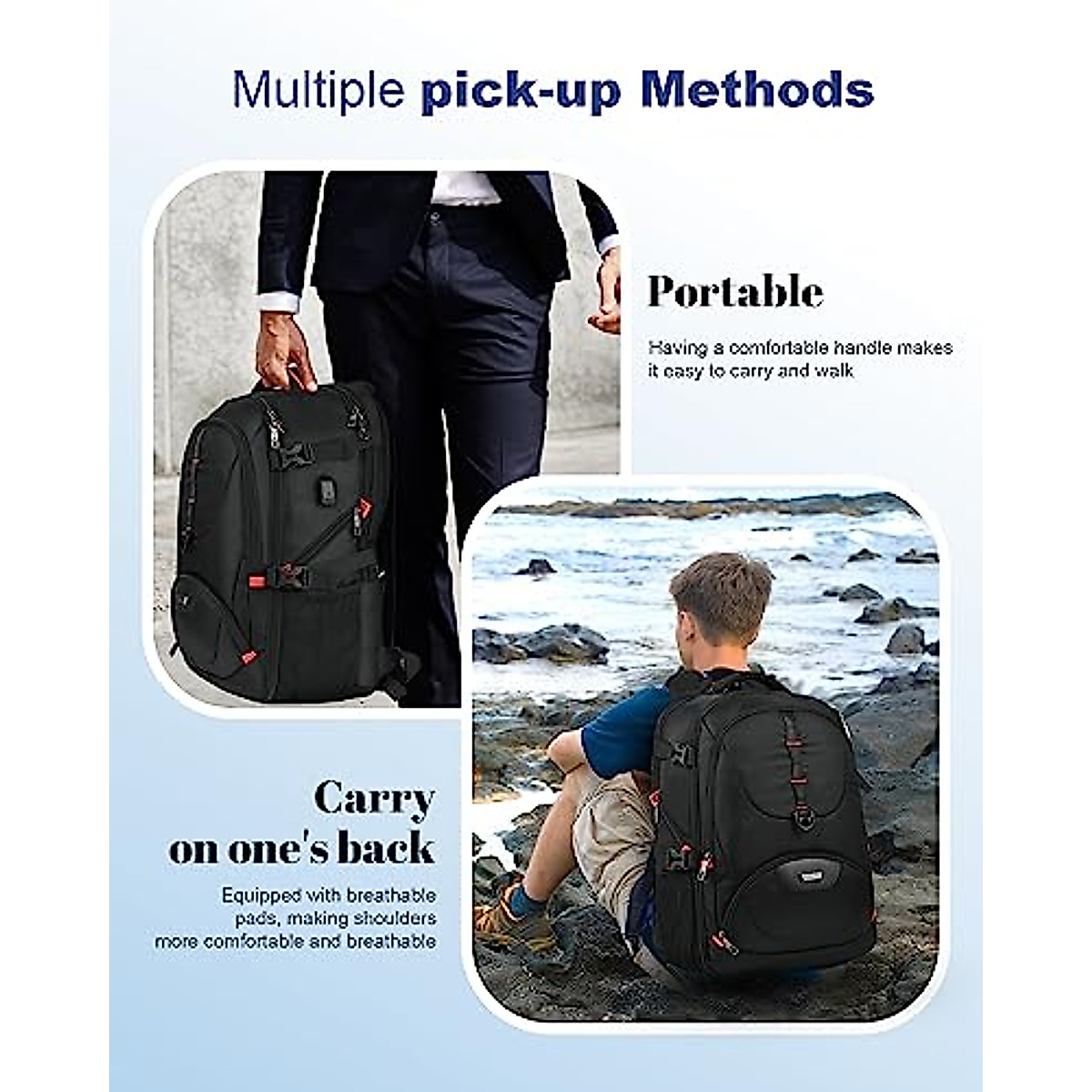 DTBG 50L Extra Large Travel Backpack Suitcase Carry On airplanes Luggage Bag for Men Fits 17 Inch Laptop computer Water Resistant Backpack For weekender Travel Work College Business -Black