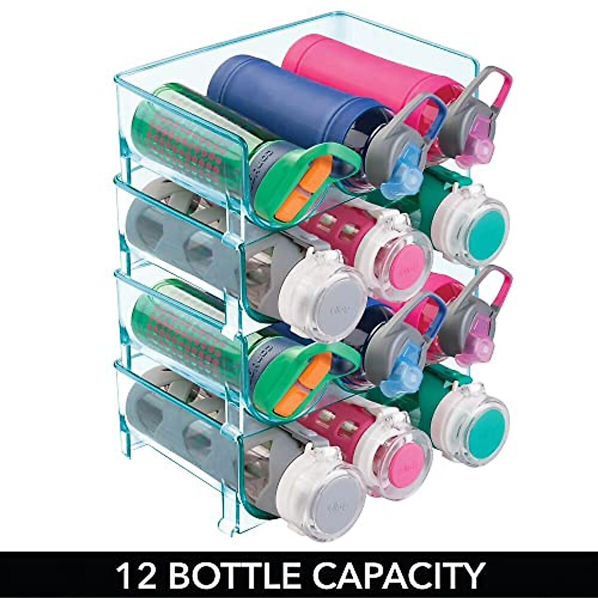 mDesign Stackable Plastic 3 Bottle Refrigerator Wine Rack - Kitchen Storage Organizer for Champagne, Wine or Water Bottles - Stacking Wine Organizer for Fridge - Ligne Collection - 4 Pack - Blue Tint