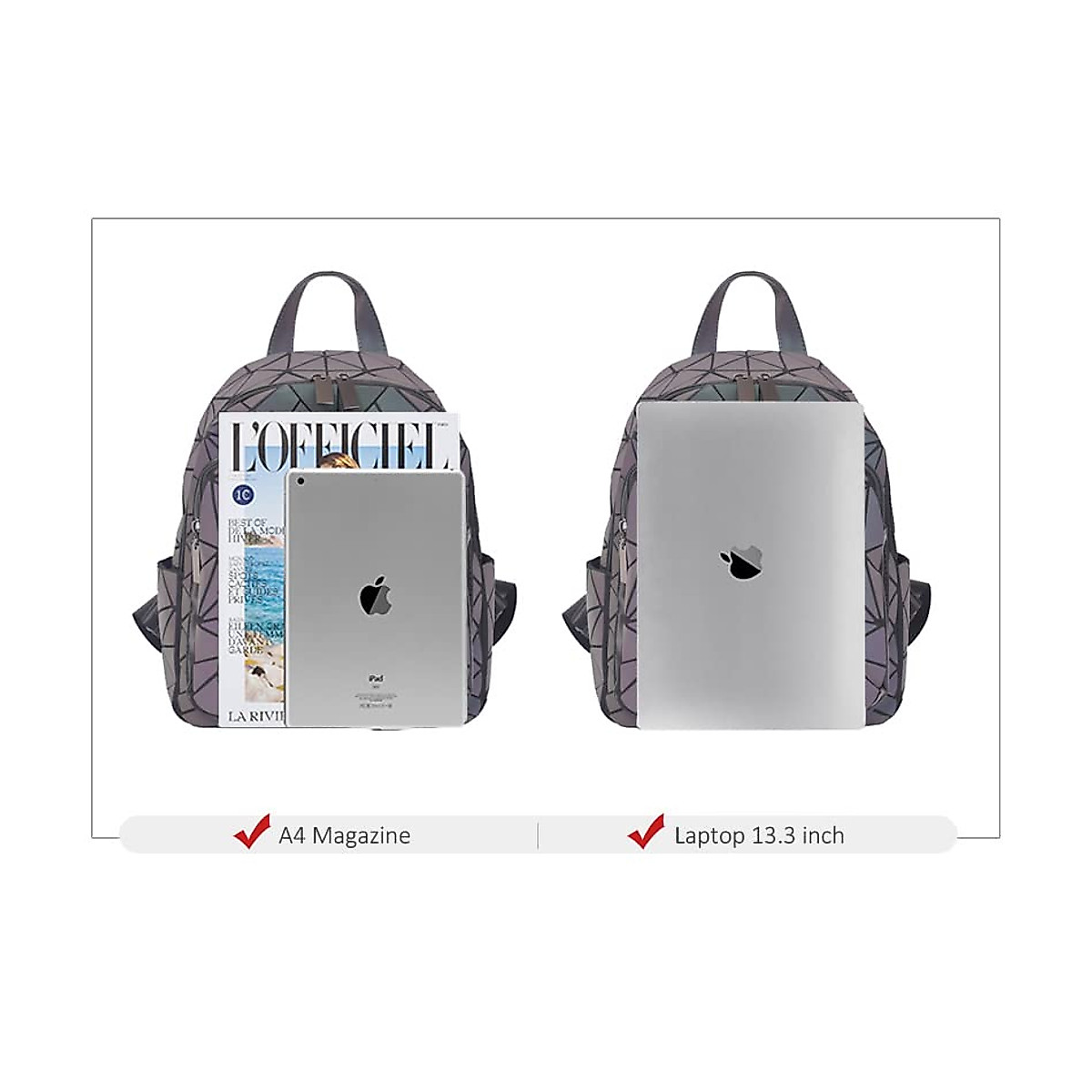 Geometric Luminous Ladies Backpack Wallet Holographic Reflective Backpack Diamond Travel Backpack (Silver)