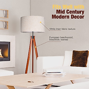 Isloys Wood Tripod Floor Lamp, 3 Color Temperatures Mid Century Modern Boho Floor Lamp, Tall Standing Lamps for Living Room Bedroom Office, Flaxen Lamp Shade with E26 Lamp Base
