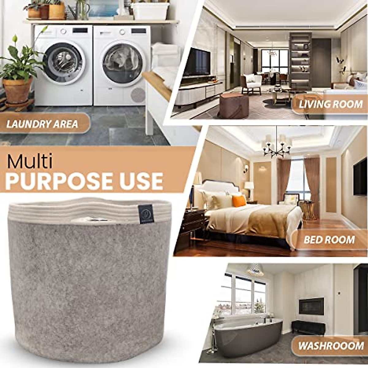 INNOVIEUR - Tall Woven Cotton Rope Laundry Basket Hamper Foldable Collapsible Comforters Storage Bins Baby Blankets Toy Storage Organization - Grey 22"x 22"x18"