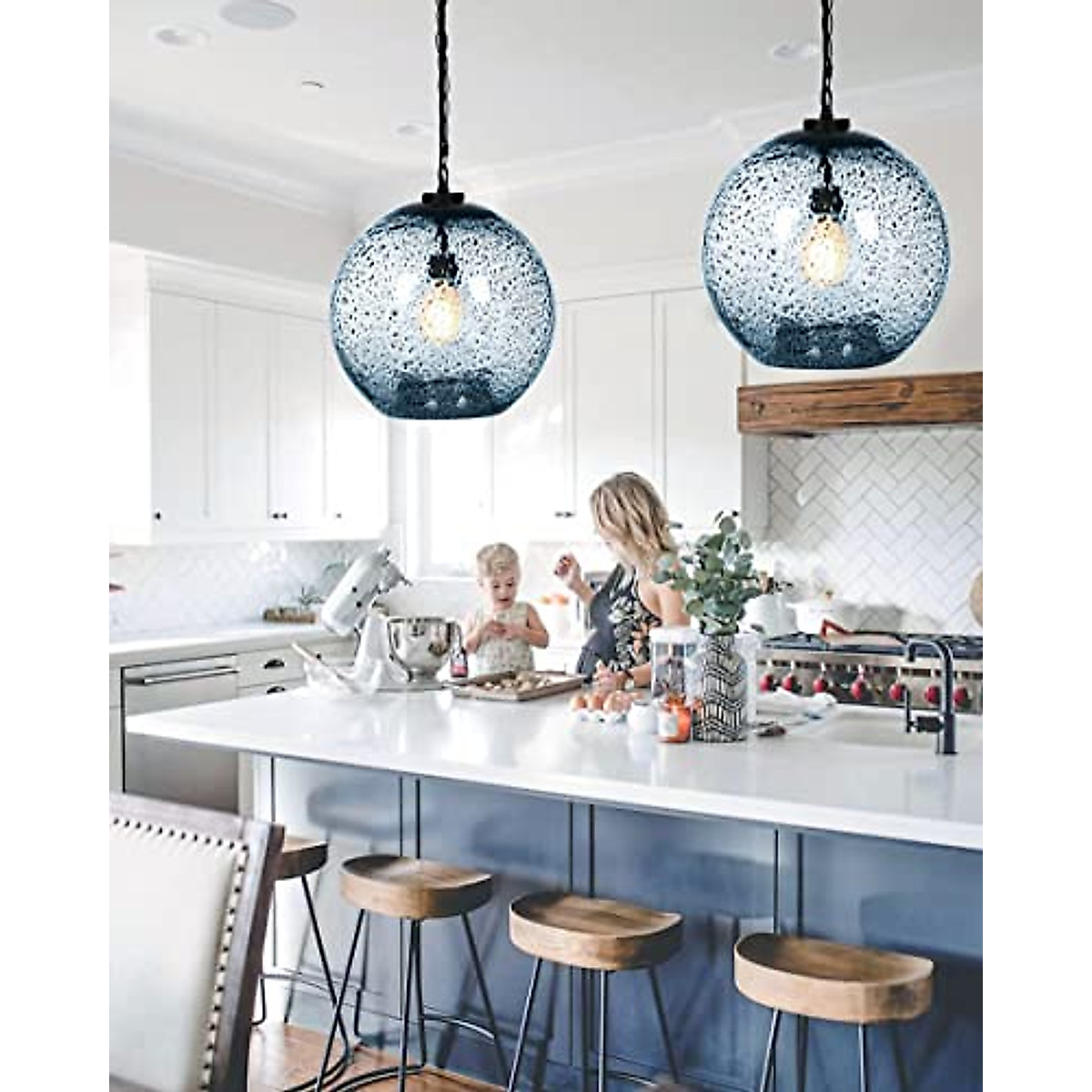 CASAMOTION Pendant Light fixtures Entryway Ceiling Hanging Glass Pendant Lighting Over Dining Room Table Modern Farmhouse Marble Blue Globe Shade lamp Kitchen Island 13" H