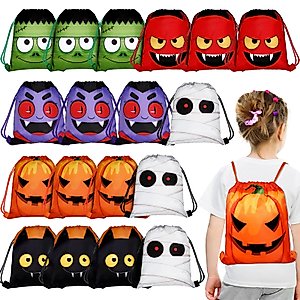 Shihanee 18 Pcs Halloween Drawstring Bags Set Halloween Drawstring Backpack Party Supplies Halloween Polyester String Sack Bags Bulk for Kids Party Favors Gift Wrap Bags, 6 Styles