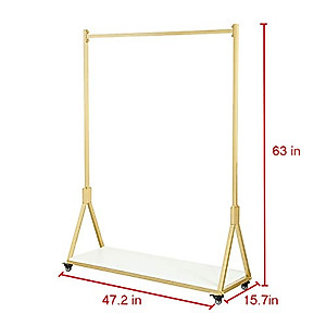 FURVOKIA Modern Simple Heavy Duty Metal Rolling Garment Rack with Wheel,Retail Display Clothing Rack with Wood, Single Rod Floor-Standing Hangers Clothes Shelves (Gold Square Tube B, 47.2 L)