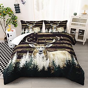 Ntlfup Deer Comforter Sets for Boys Kids Teens American Flag Camo Bedding Sets, Full Size Western Farmhouse Wild Animal Quilt Black White Home Decor 3 Pcs with 1 Comforter 2 Pillowcase