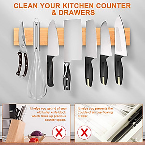 Ninonly 16 Inch Magnetic Knife Strip, Bamboo Wood Powerful Magnetic Knife Holder for Wall, Wall Mounted Bamboo Kitchen Knife Bar Rack for Home Kitchen Utensil & Tool Holder