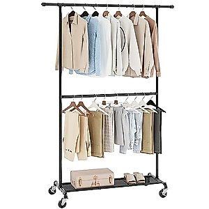 YATINEY Clothes Rack, Double Rod Garment Rack, Clothing Rack with Wheel, Rolling Clothes Rack for Hanging Clothes, Metal Frame, Adjustable Middle Rod, Heavy-Duty Commercial Display, Black GR49BB
