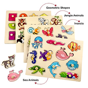 Wooden Peg Puzzles for Toddlers, 4 Pack Toddler Puzzles Set with Wooden Knobs, Preschool Learning Educational Animals Shapes Insects Pegged Puzzle Toys for 2 3 Year Old (Style 1)