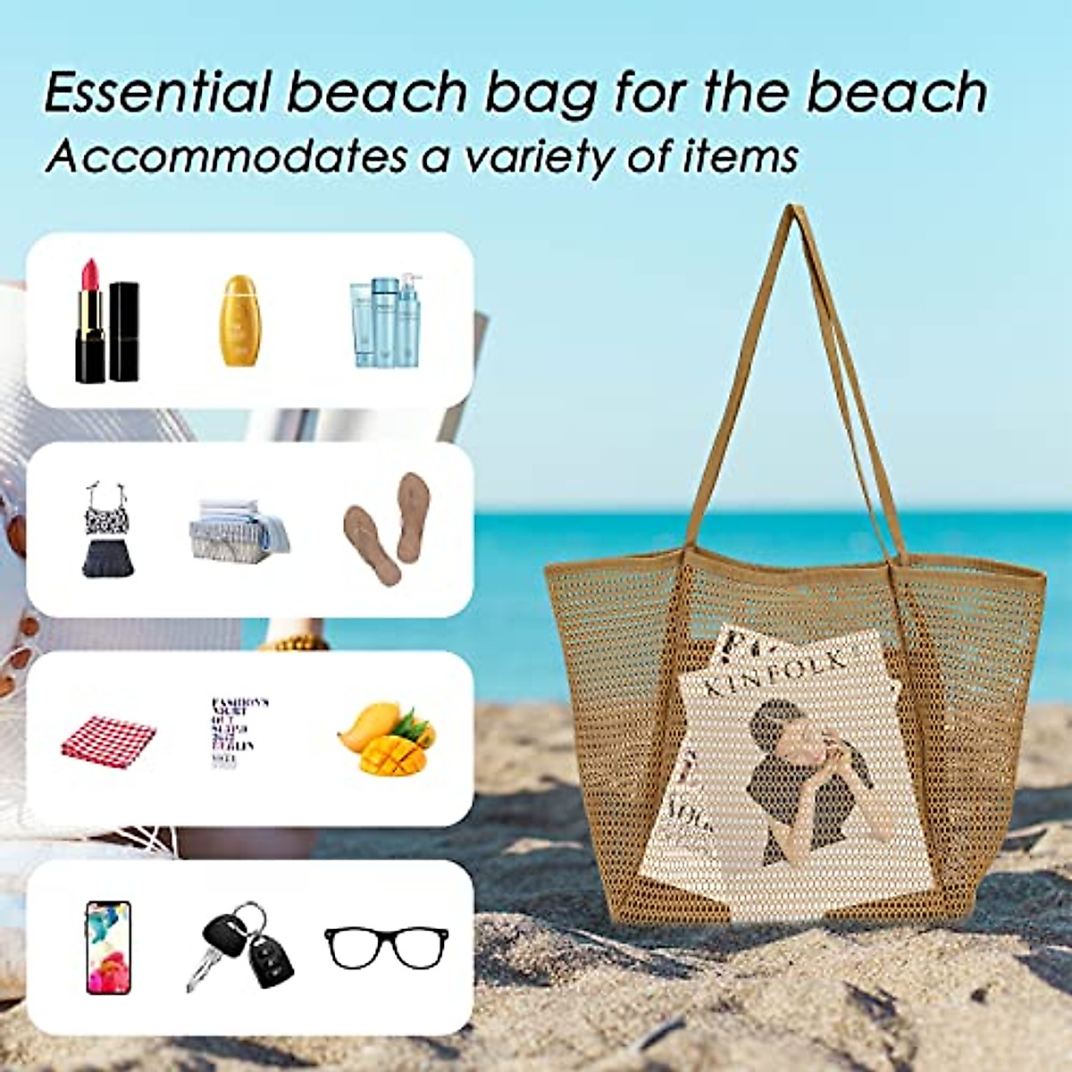 Felomdep Large Mesh Beach Tote Bag for Women，Shoulder Bag, Nylon Pool Bag, Hobo Bag for Beach Travel Shopping,Brown