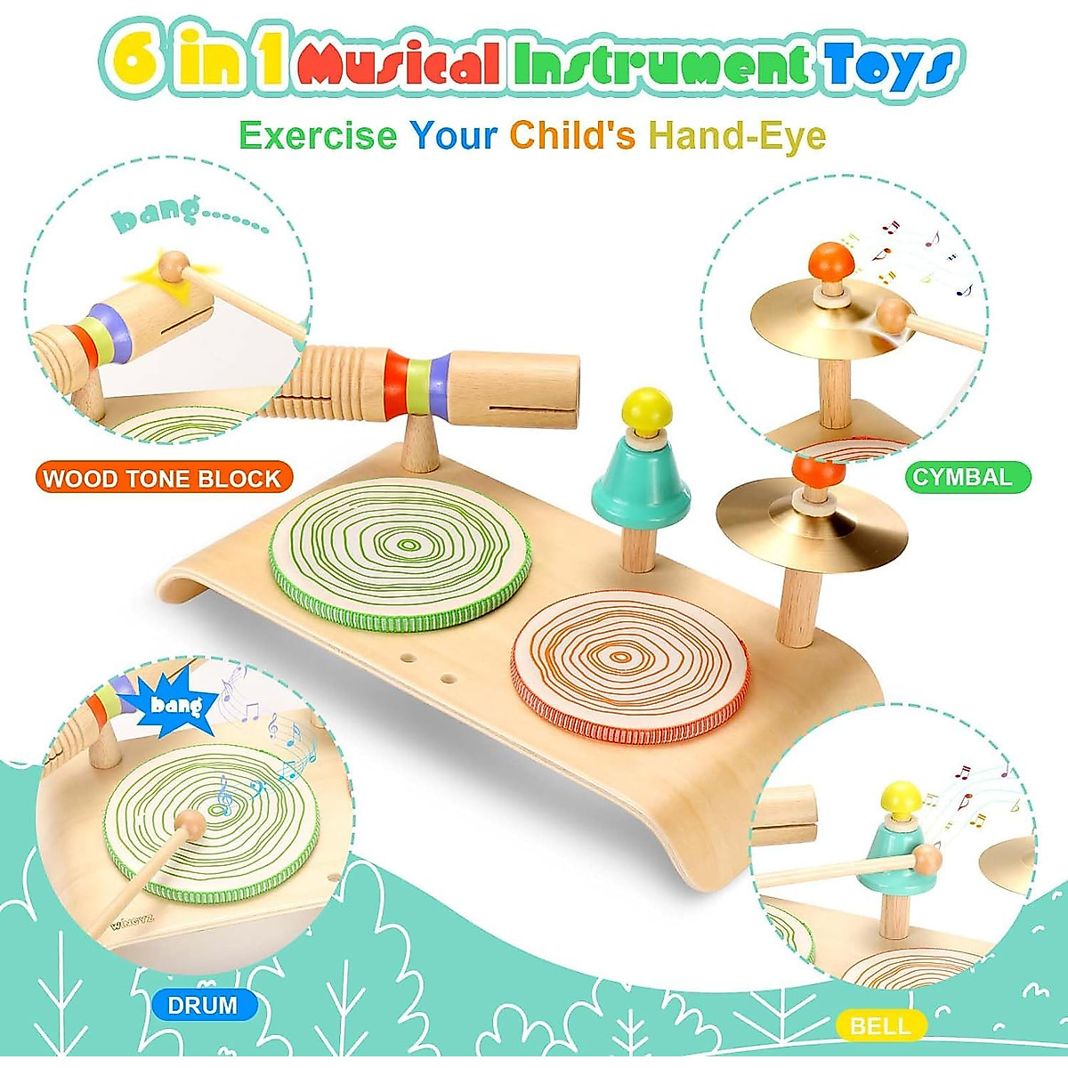 Wingyz Kids Drum Set, Baby Musical Instruments Toys for Toddlers , 6 in 1 Wooden Musical Table Top Drum Kit Play Set, Educational Percussion Drum Sensory Toys Montessori Toys for Kids