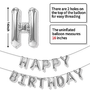 Happy Birthday Balloons Banner, 16 Inch Mylar Foil Balloon Letters Birthday Sign Banner, Reusable Silver Birthday Balloons Kit Birthday Decorations For Kids Adults Birthday Party Favor Supplies