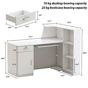 AIEGLE Reception Desk with Hutch, Reception Counter Desk with Lockable Drawers & Shelves, for Salon Recetion Room Retail Counter Checkout Office, White (55.1" W x 43.3" D x 43.3" H)
