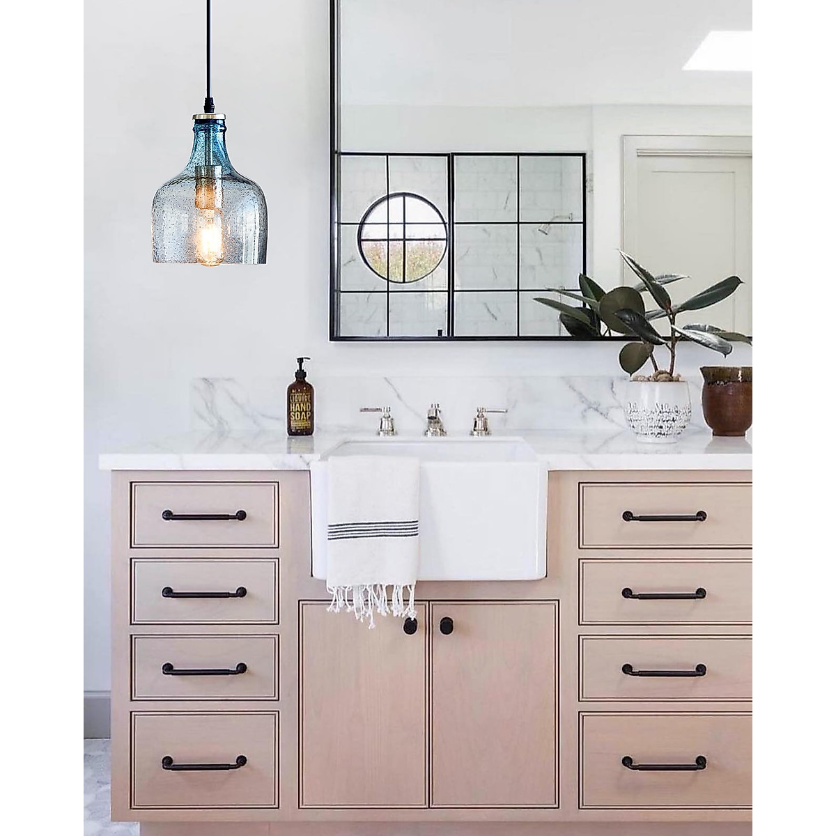 CASAMOTION Pendant Lights Kitchen Island Table Hand Blown Blue Glass Pendant Lighting Dining Room Black Marble Seeded Modern Ceiling Hanging Fixtures Brushed Nickel 8.2 Inch Height 3 Pack