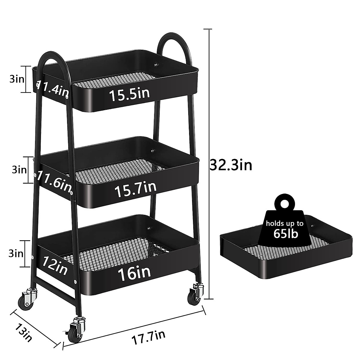 gianotter 3-Tier Utility Rolling Cart - Multifunctional Cart with Lockable Casters, Easy to Assemble, Suitable for Office, Bathroom, Kitchen, Living (Black)
