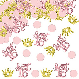 Sweet 16 Confetti, Rose Gold Glitter Sweet 16, Gold Glitter Crown and Pink Circles Confetti, Sweet 16th Birthday Party Decorations, Sweet Sixteen Party Decorations, 300 Pcs