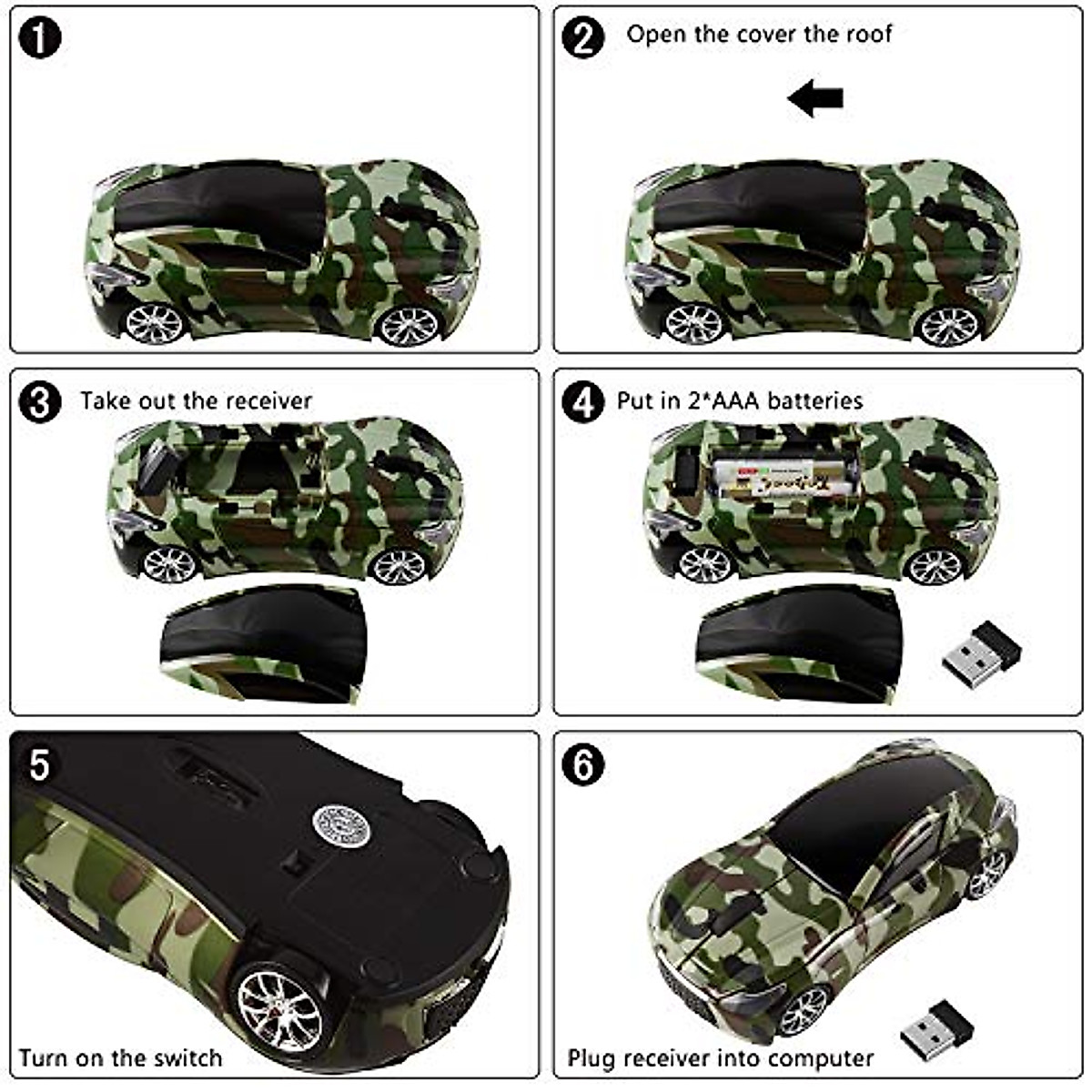 EALEK Wireless Mouse, Car Shape Mouse 2.4GHz USB, Cute Wireless Mouse 1600DPI, Ergonomic Mouse for Kids and Adult (Green Camouflage)