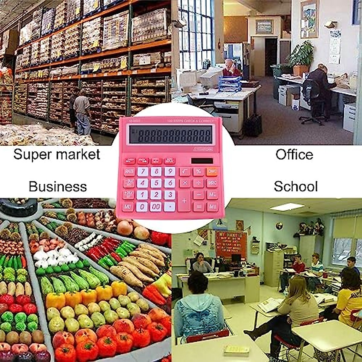 Office Desk Calculator 12 Digits with Solar Power and Easy to Read HD LCD Display, Big Buttons, for Financial Affairs,Home, Office, School, Class and Business,with Battery，Pink