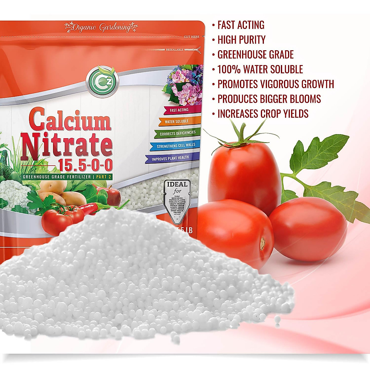Calcium Nitrate 15.5-0-0 Fertilizer - Made in USA - 5LB Greenhouse Grade Plant Food for Hydroponics, Plants & Gardens – Fruit, Vegetables. Blossom End Rot Tomatoes