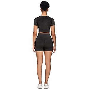 Sytiz Women Seamless Yoga Outfits 2 piece Set Workout Gym Shorts + Sport Bra (Black, Medium)