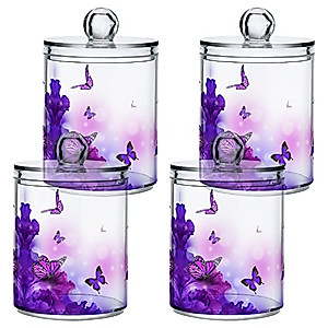 ALAZA 2 Pack Qtip Holder Dispenser Purple Butterflies Flowers Hydrangeas Iris Bathroom Organizer Canisters for Cotton Balls/Swabs/Pads/Floss,Plastic Apothecary Jars for Vanity