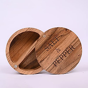 SAMHITA Acacia Wood Salt & Spice Box with Magnetic Swivel Lid, SALT & PEPPER" Engraved on Lid Seasoning Ingredients Storage Holder (4.75" x 4.75" x 2.5")
