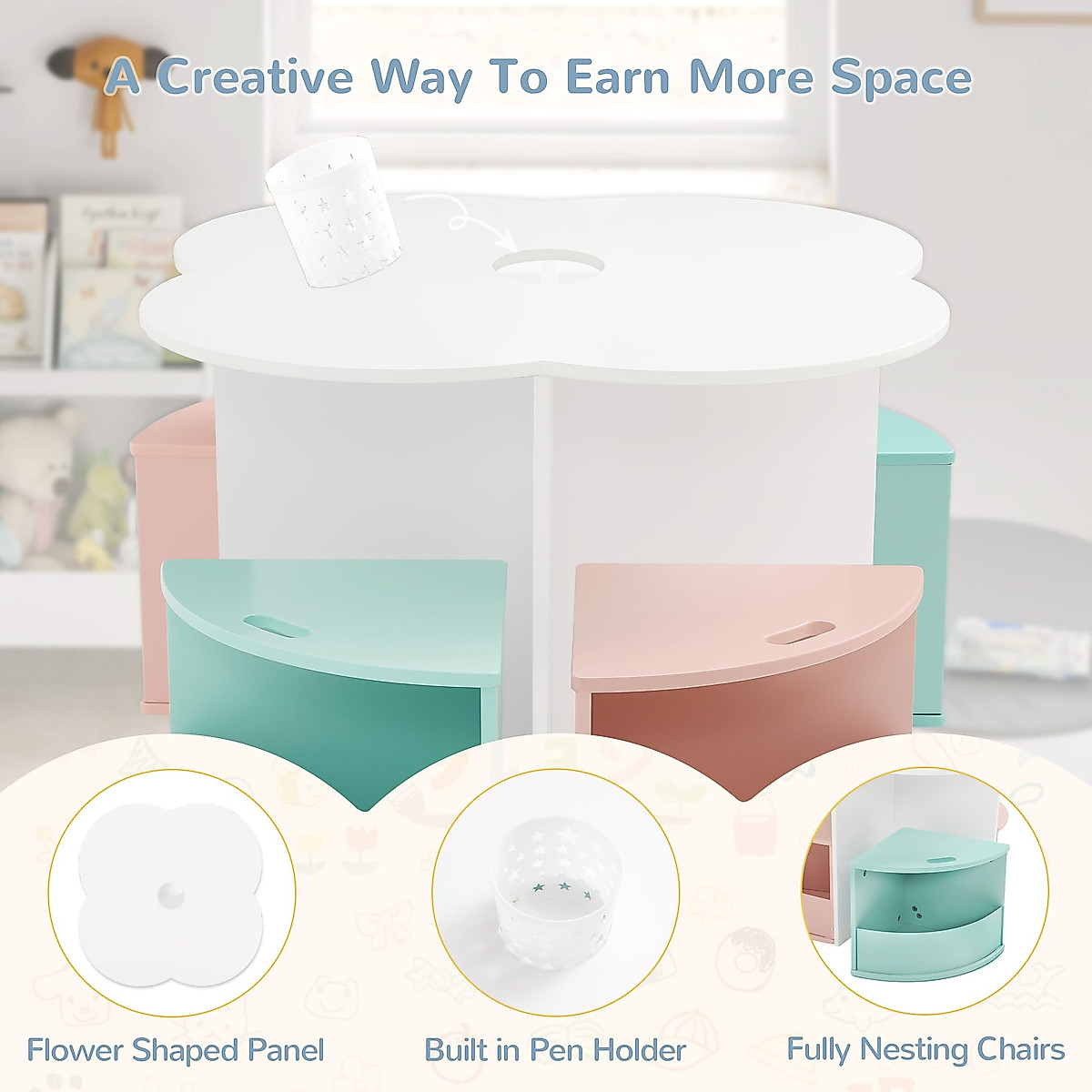 Curipeer Toddler Table and Chair Set with 4 Storage Stools, Flower Shaped Nesting Design Table with Built-in Pen Holder, Kids Table for Activity/Play/Art/Read/Craft, Pink & Mint Green