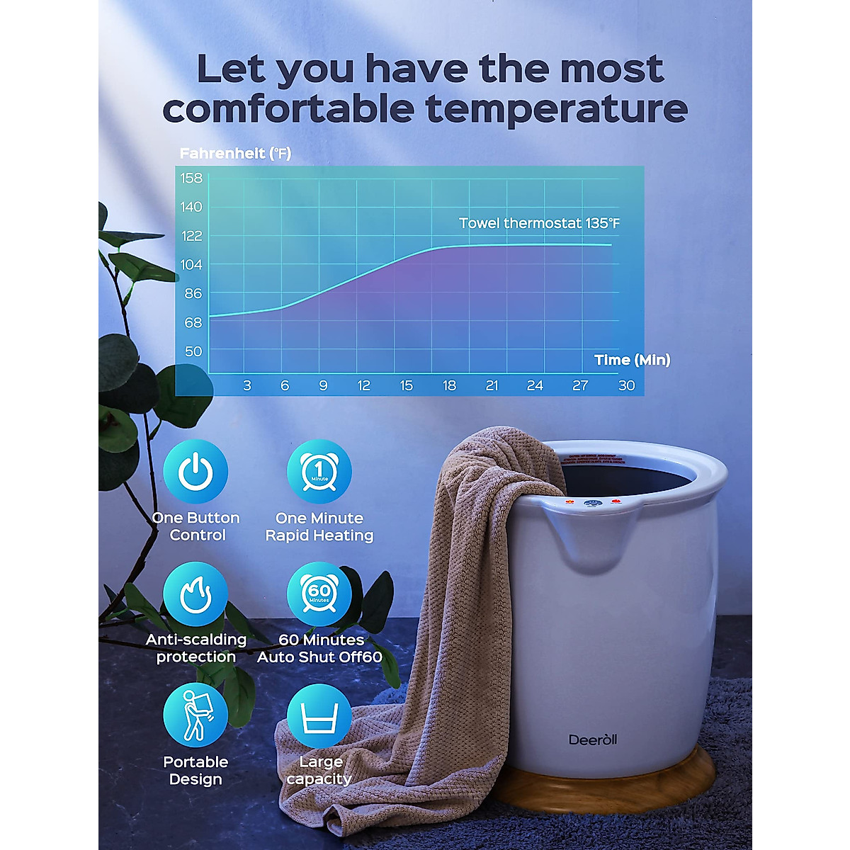 Deeroll Towel Warmer, Luxury Towel Warmer Bucket with Aromatherapy, Extra-large Towel Warmer for Relaxation & Home Spa, Auto Shut Off, Fits Up to Two 40"X70" Oversized Towels, Bathrobes, Blankets