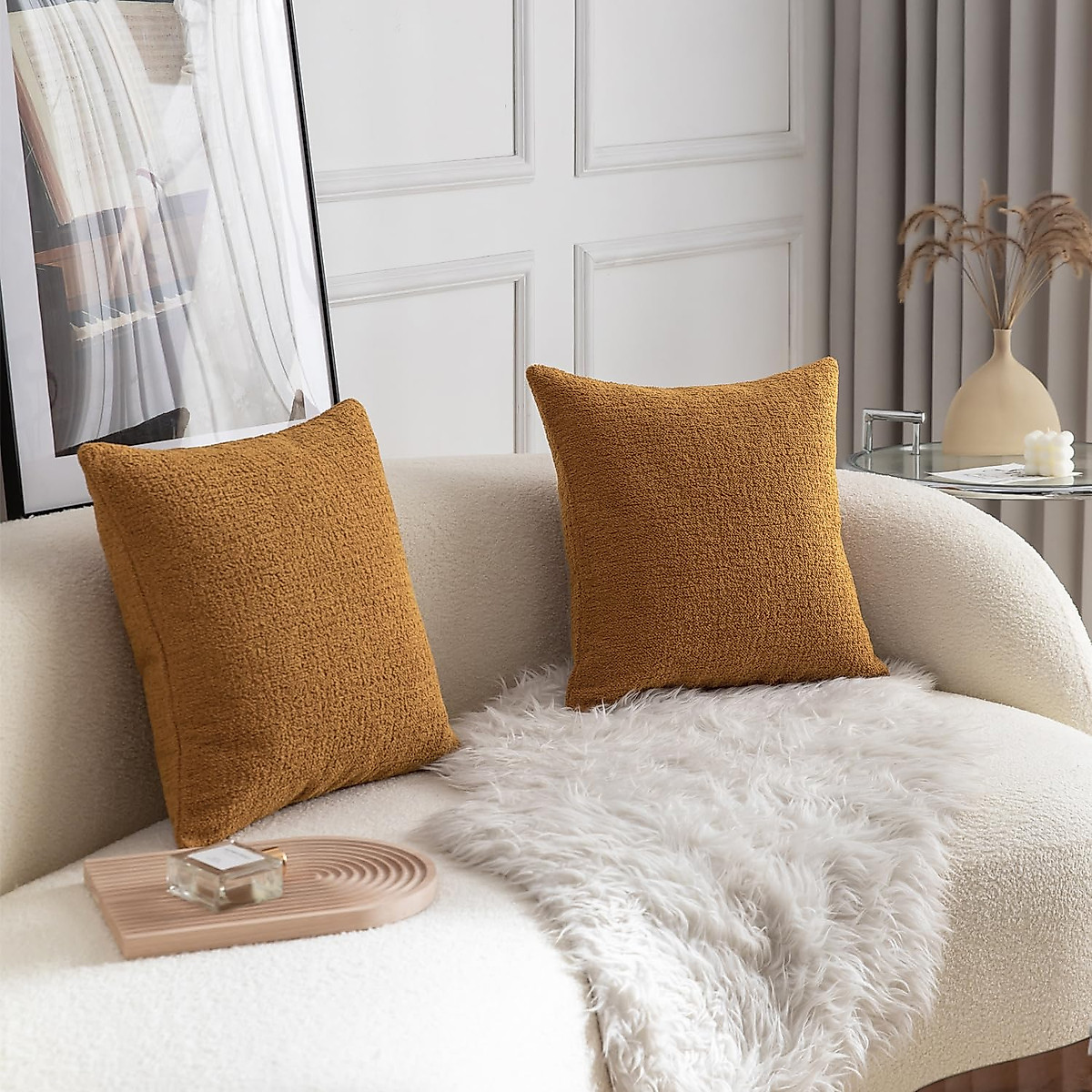 Rythome Ochre Comfy Teddy-Like Textured Throw Pillow Covers for Bed and Couch - 18"x18", Pack of 2