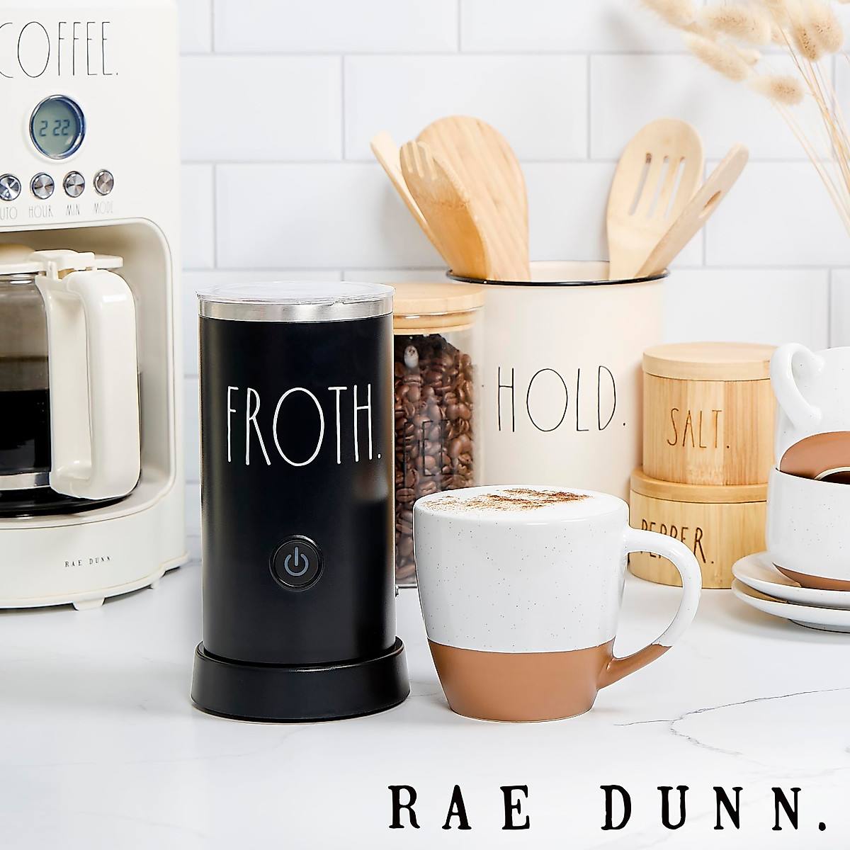 Rae Dunn Electric Milk Frother Steamer -Stylish Automatic Milk Steamer and Frother, Milk Warmer, Hot and Cold Foam Maker for Coffee, Latte, Cappuccino, Macchiato - 550 Watt (Black)