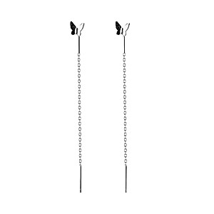 Minimalist Little Butterfly Tassel Chain Dangle Drop Earrings S925 Sterling Silver for Women Girls Cute Simple Threader Long Chain Statement Studs Earring Dangling Fashion Jewelry Gifts BFF