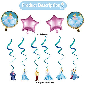 42 Cinderella Birthday Party Supplies Princess Theme Party Favor Includes Happy Birthday Banner,Balloons,Swirls,Cake Toppers for Kids Adults
