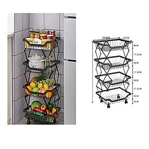 4 layers Tier Foldable No Assembly Storage Shelves with Wheels 13.5’’*10.6’’*29.7’’ Free Standing Metal Wire Rack Heavy Duty Pantry Collapsible Organizer for Kitchen Bedroom Bathroom Office Black
