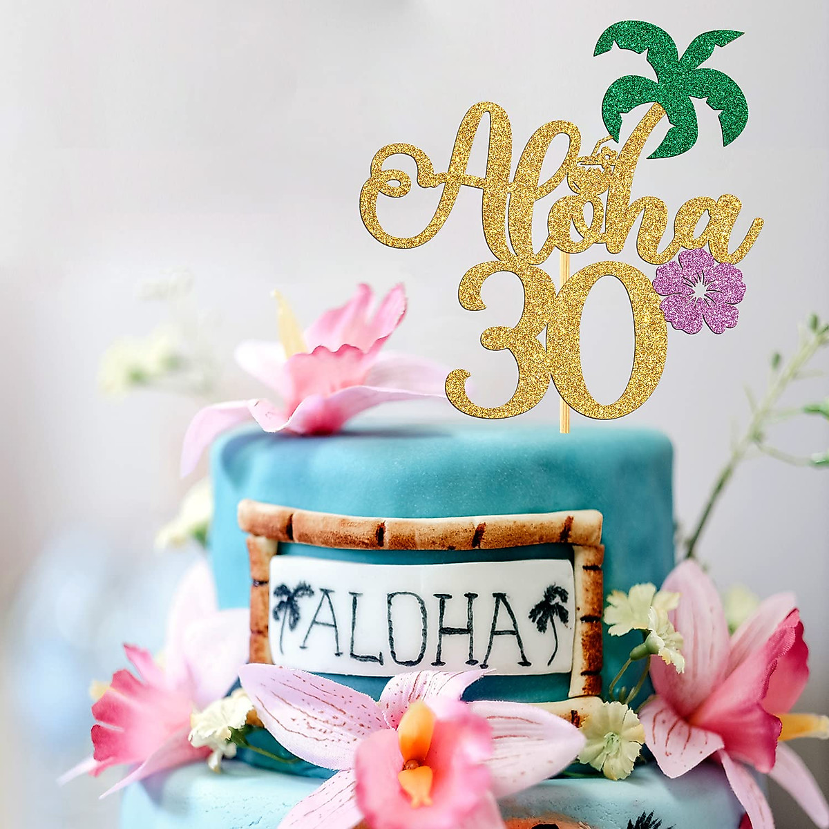 Gold Glitter Aloha 30 Cake Topper, Hello 30/Cheers to 30 Years/Happy 30th Birthday/Anniversay, Tropical Hawaiian Themed 30th Anniversary/Birthday Party Decorations