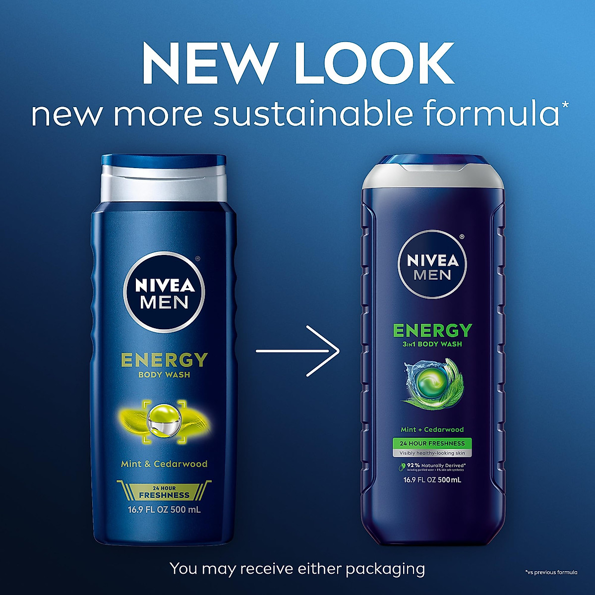 Nivea Men Energy Body Wash with Mint Extract, Cedarwood and Mint Body Wash for Men, 3 Pack of 16.9 Fl Oz Bottles