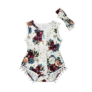 Merqwadd Infant Baby Girls Floral Romper Bodysuit Sleeveless Jumpsuit Outfit Summer Clothes (Floral-white, 12-18 Months)