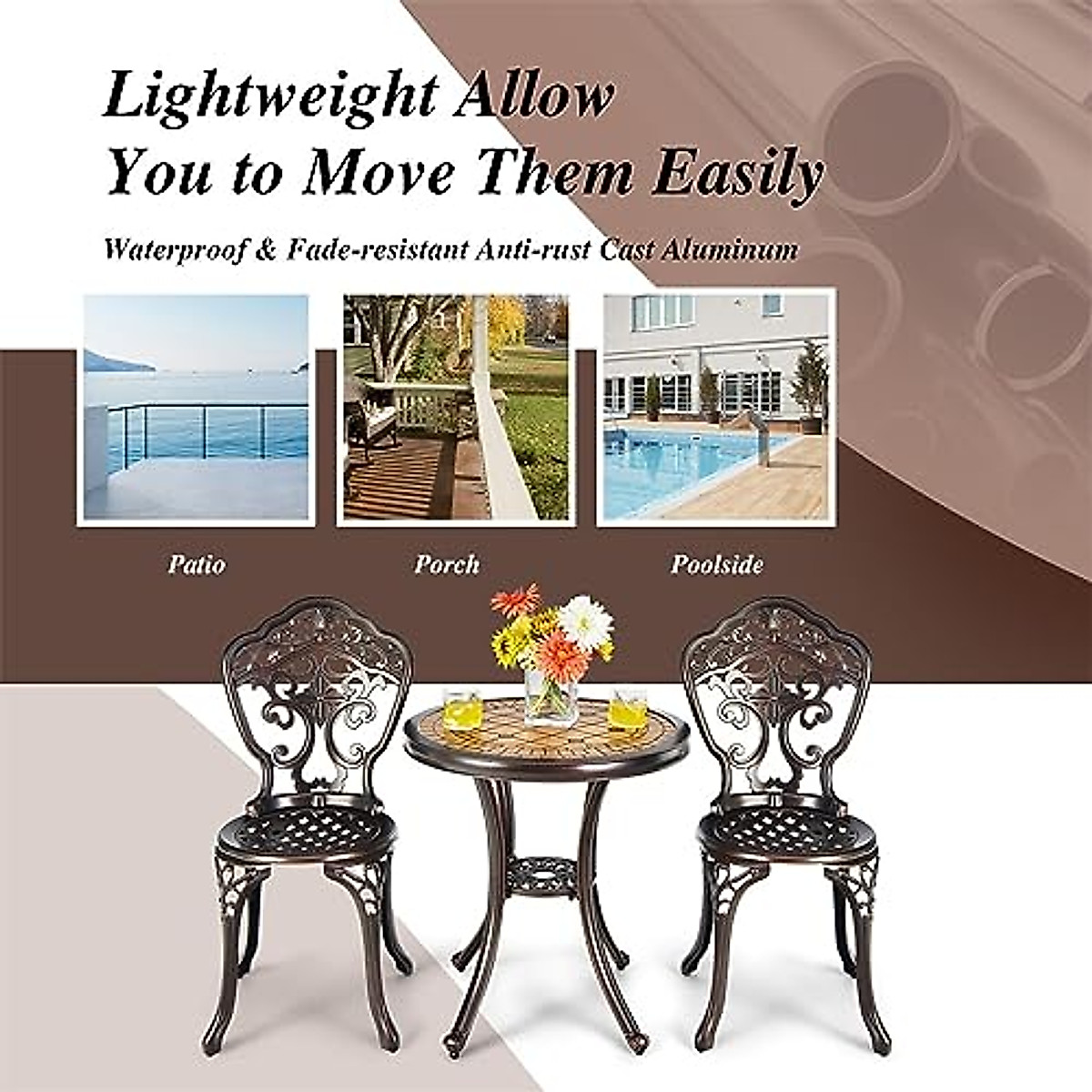 ZLXDP 3PCS Patio Bistro Set Round Table Chairs All Weather Cast Aluminum Yard