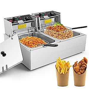 Hopekings Deep Fryer, 20.7QT Commercial Deep Fryer with 2 x 6.35QT Baskets Stainless Steel Countertop Oil Fryer with Temperature Limiter and Over Current Protection for Home Kitchen and Restaurant