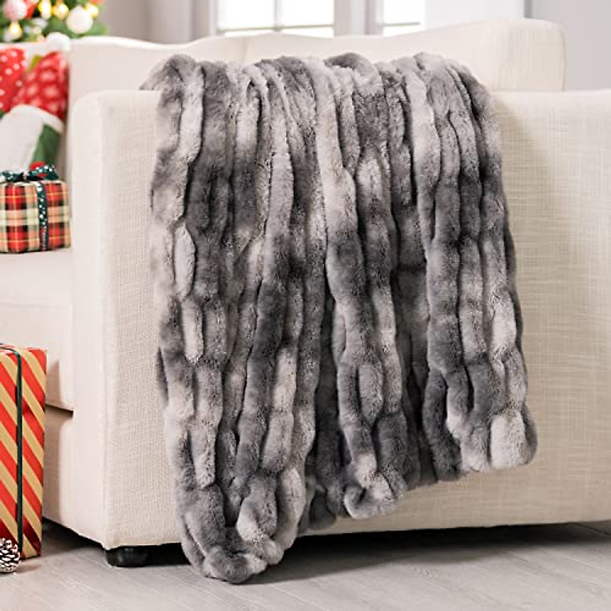 RECYCO Soft Rabbit Faux Fur Throw Blanket, Luxurious Ruched Blanket for Christmas Holiday, Couch, Bed, Living Room, Sofa. Fuzzy, Warm Throw Blanket with Reversible Mink Velvet, Marbled Grey, 60"x80"
