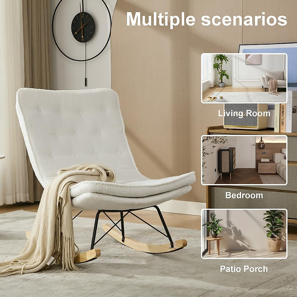 KOMIWOO Lazy Rocking Chair,Comfortable Lounge Chair with Wide Backrest and Seat Wood Base, Upholstered Armless Rocker Chair for Living room, Balcony,Bedroom and Patio Porch. (WHITE)